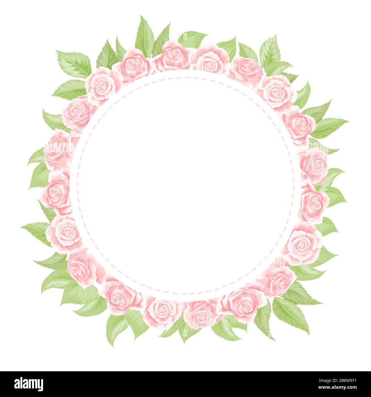 Pink cream rose frame in the shape of circle, hand draw vector ...