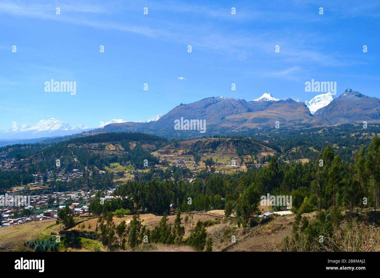 Panoramic view of Huascaran National Park and Huaraz city. Andes ...