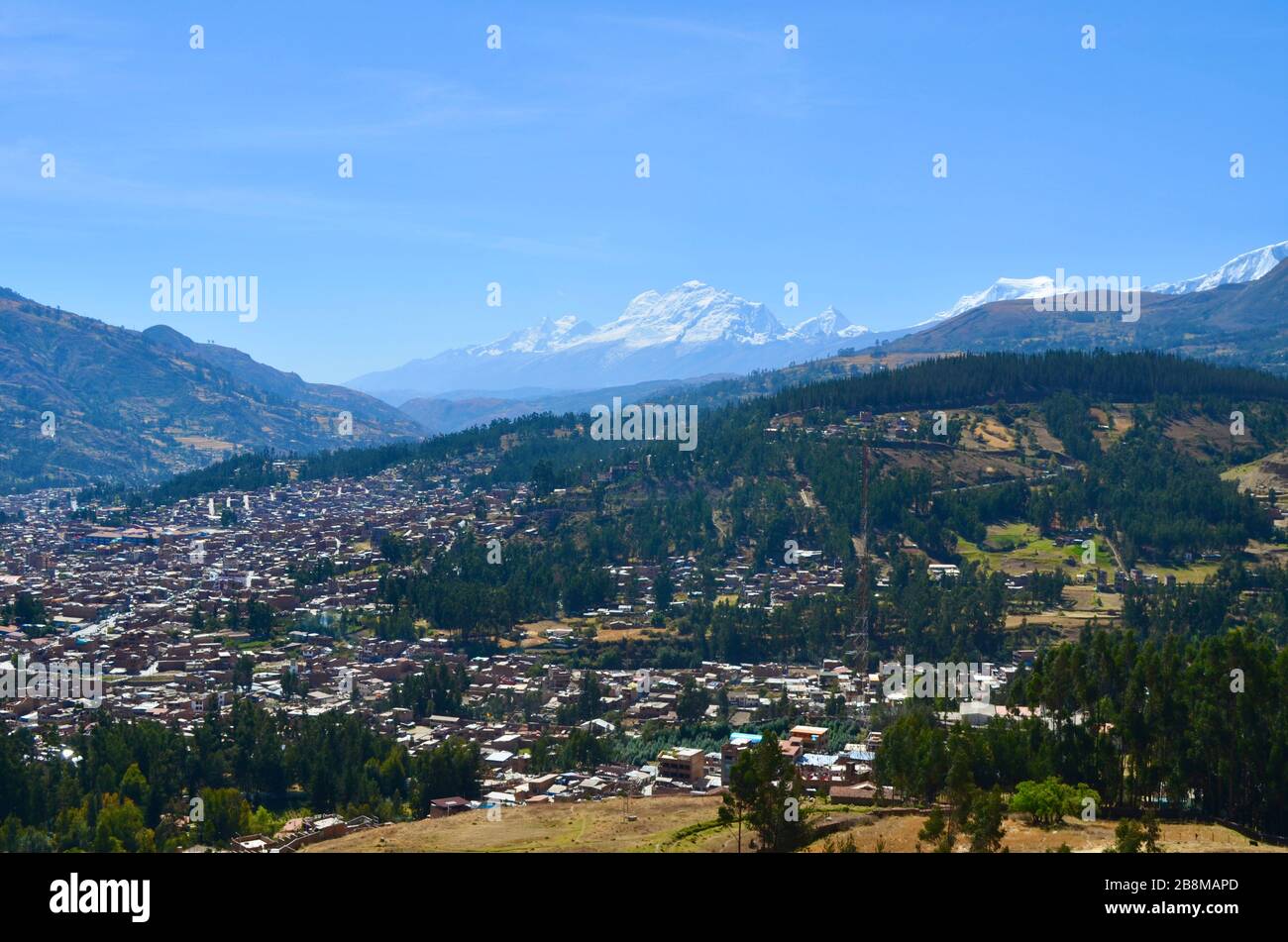 Panoramic view of Huascaran National Park and Huaraz city. Andes ...