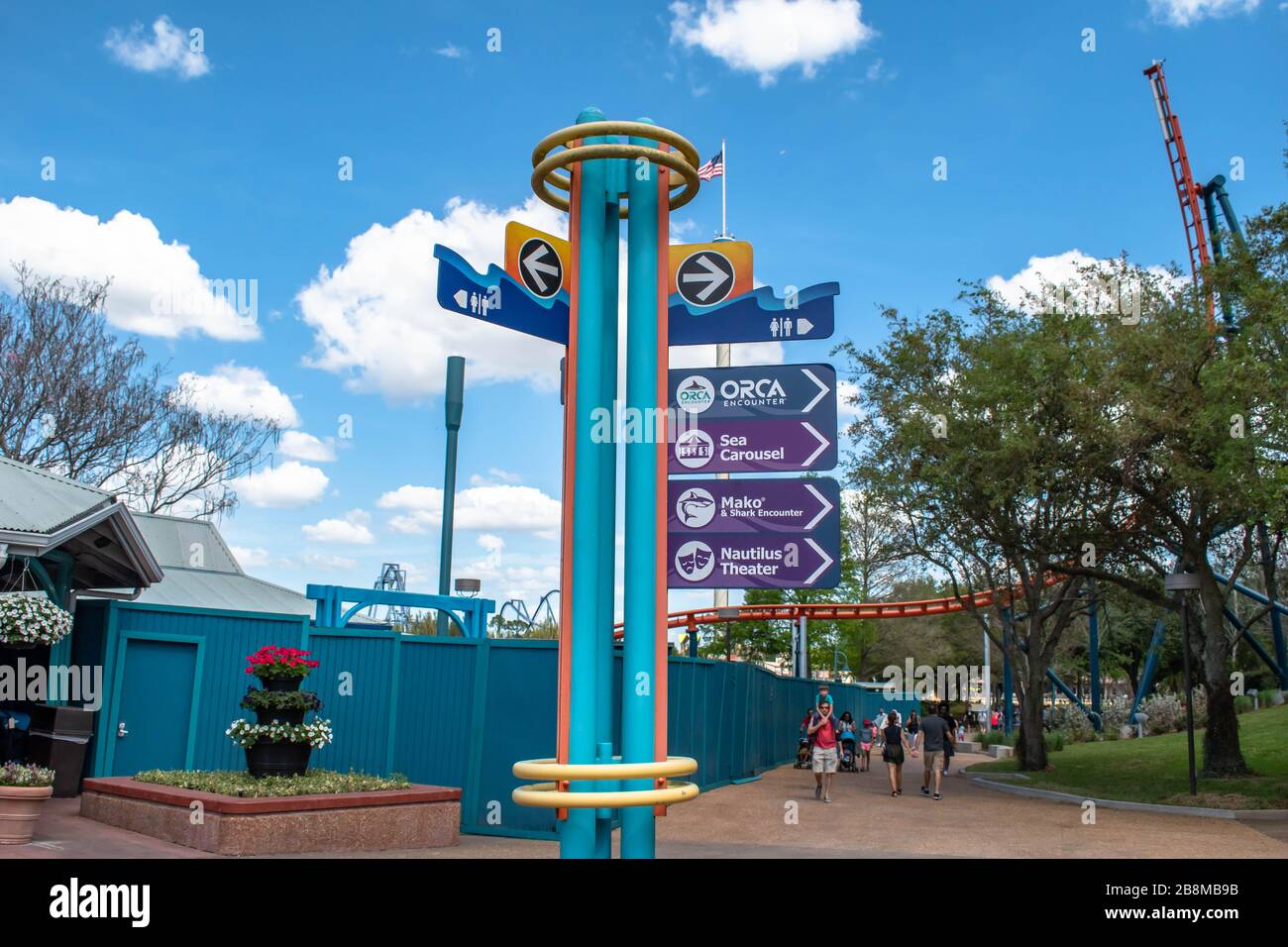 Orlando, Florida. March 14, 2020. Colorful attractions sign at Seaworld ...