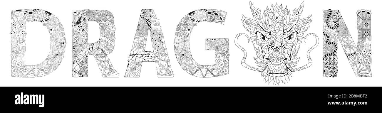 Word DRAGON with dragon head for coloring. Vector zentangle object for ...