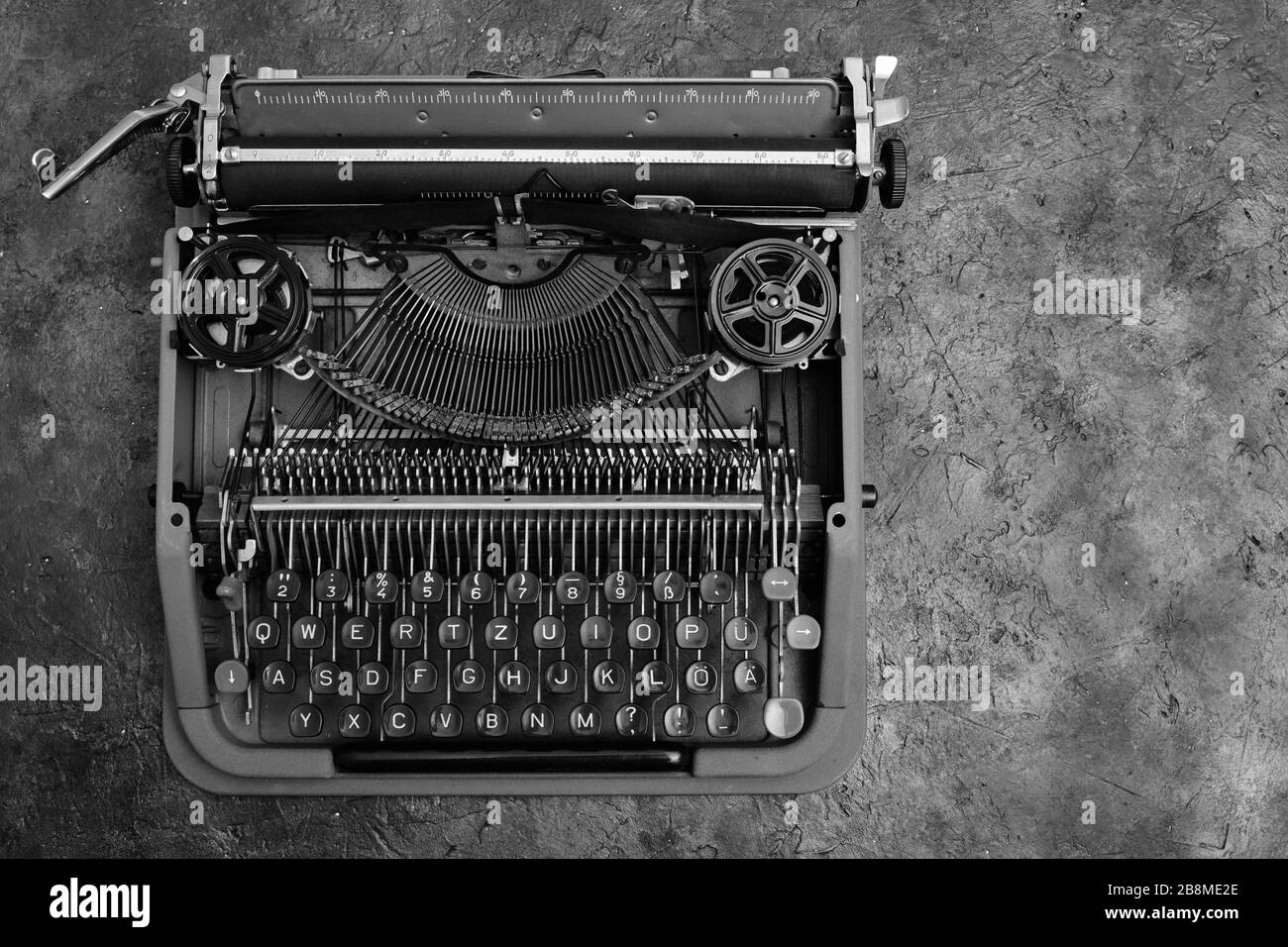 Old, vintage, typewriter in black and white image. The view from the ...