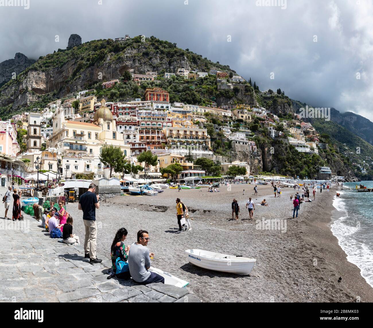 Positano on the Amalfi Coast looking over Spiaggia Grande beach ...