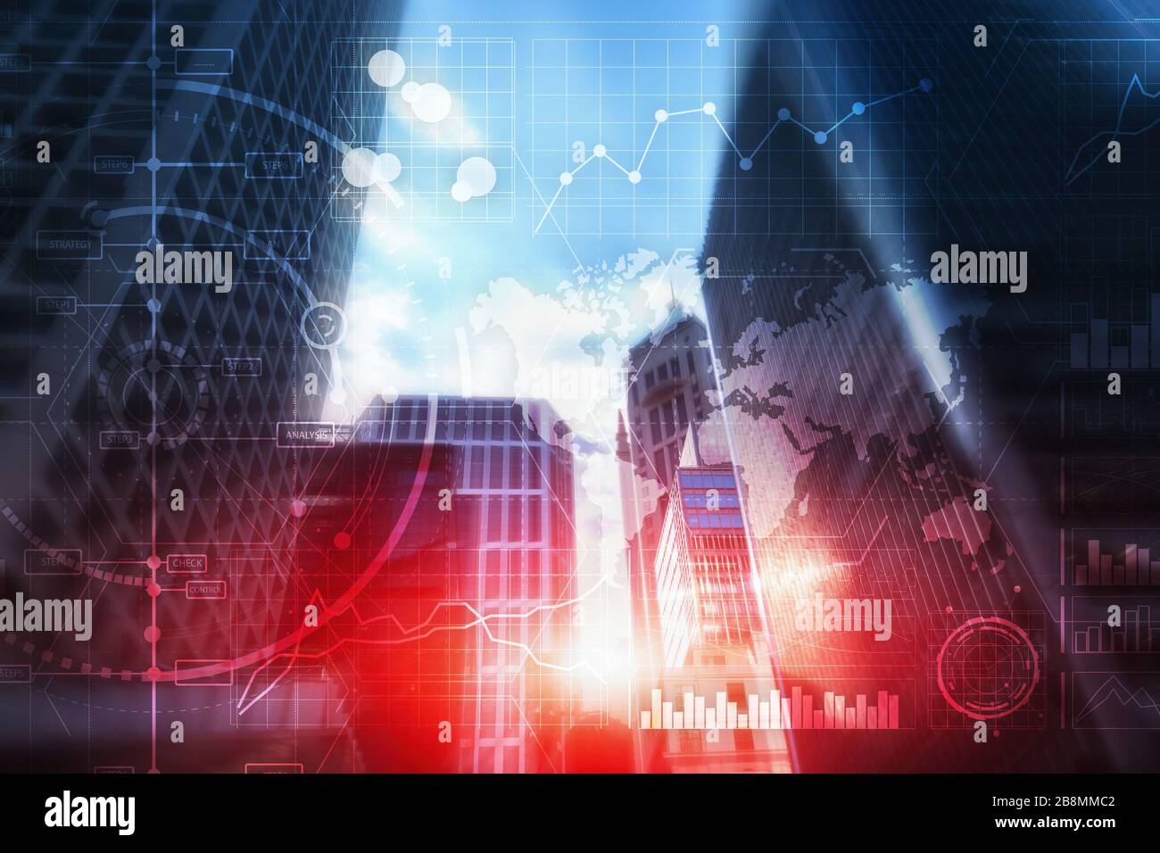 Business Control Panel on Virtual Screen Modern City Background Stock ...