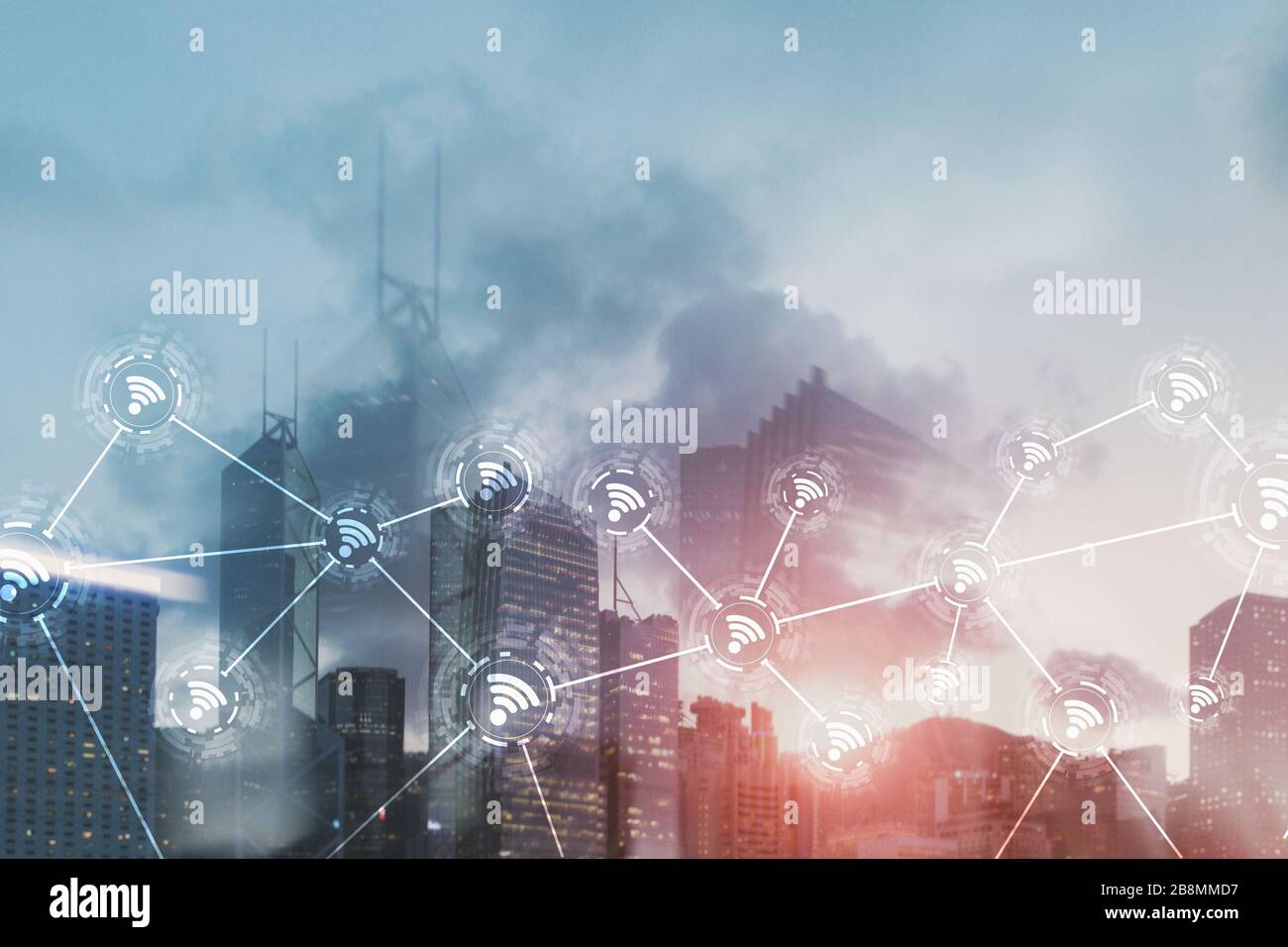 Wi-fi icon on the modern city of the future. Wireless network ...