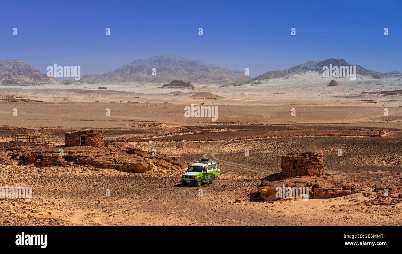 A jeep tour at the Nawamis Burial Huts in the sandstone desert of Sinai ...