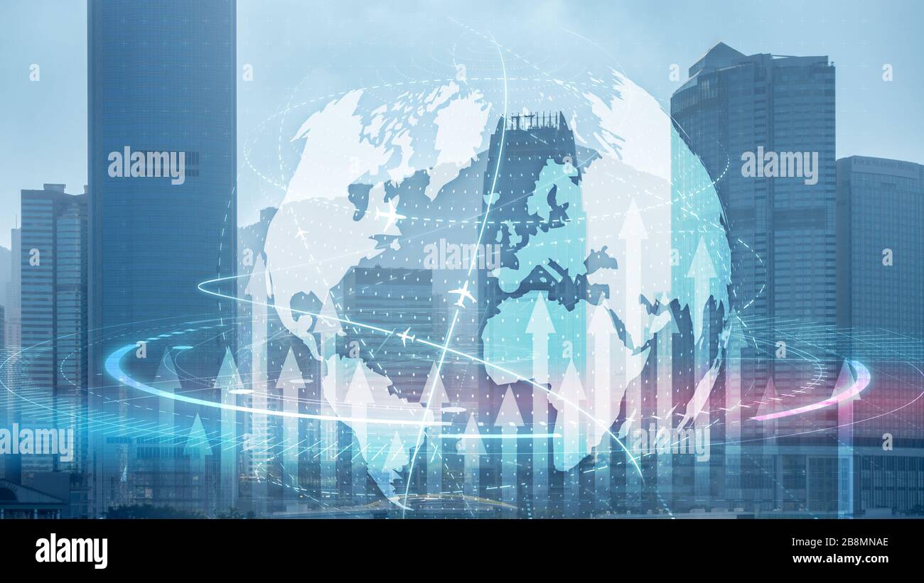 Map of flight routes airplanes network use for global travel on 3d ...