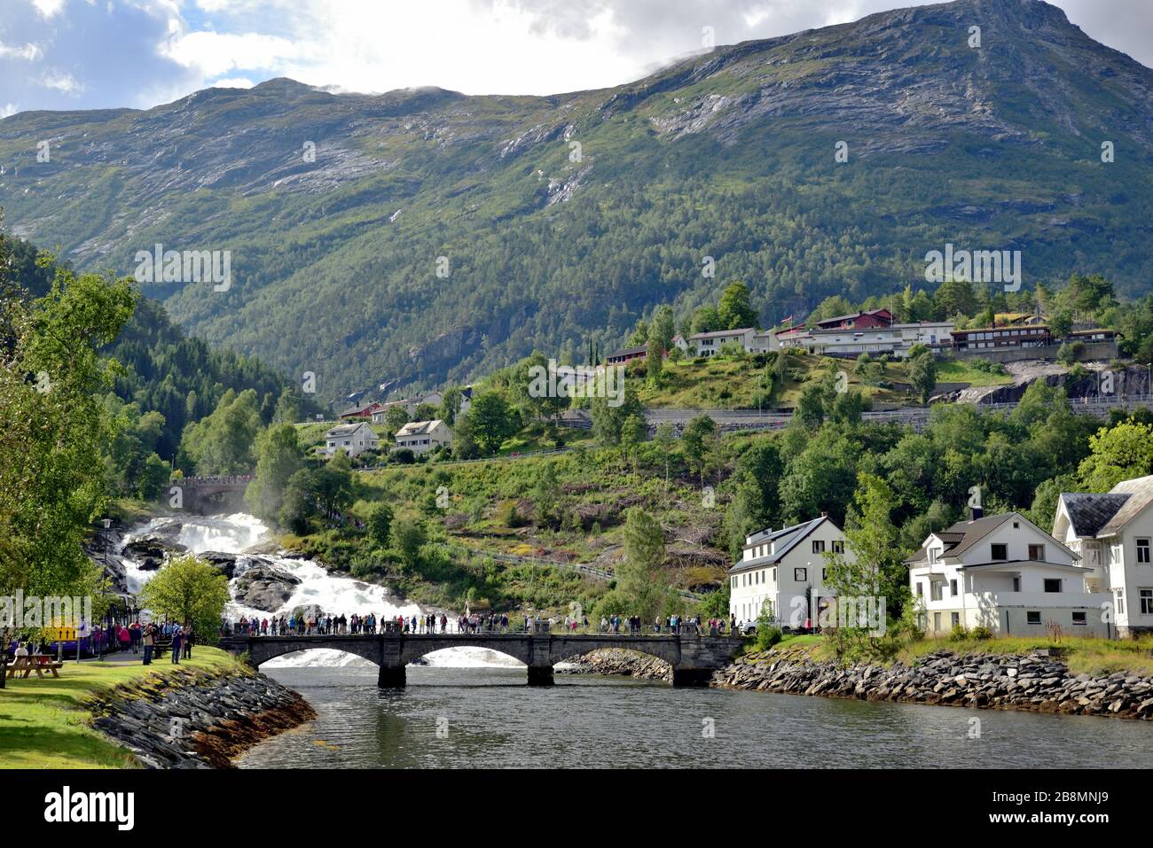 The Hellesyltfossen waterfall in the village of Hellesylt, at the head ...