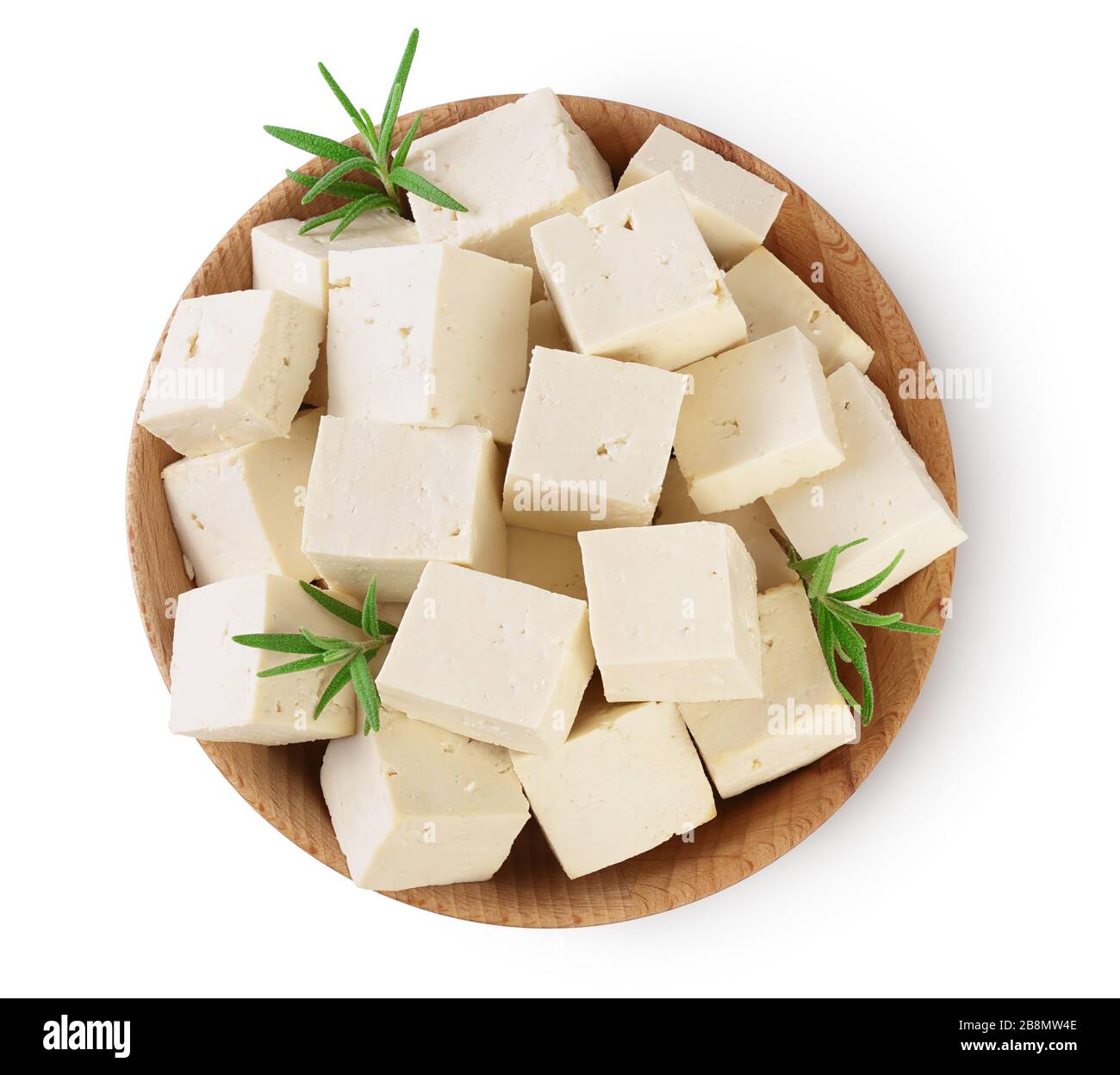 tofu cheese in wooden bowl isolated on white background with clipping ...
