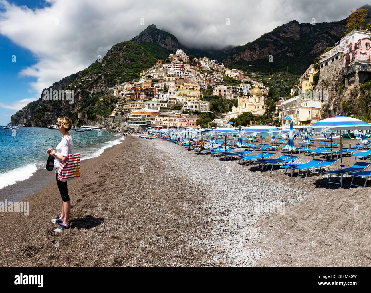 Positano on the Amalfi Coast from Spiaggia Grande beach, Campania ...
