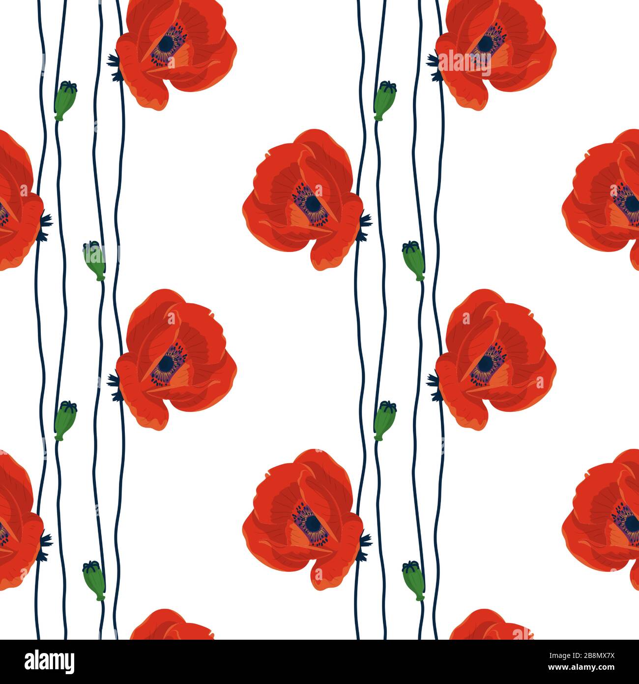 Seamless pattern with hand drawn red poppy flowers on white background ...