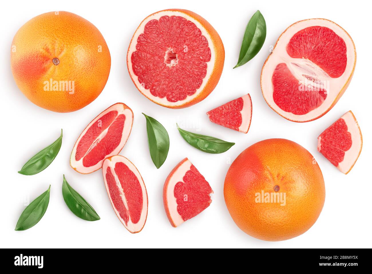 Grapefruit and slices with leaves isolated on white background. Top ...