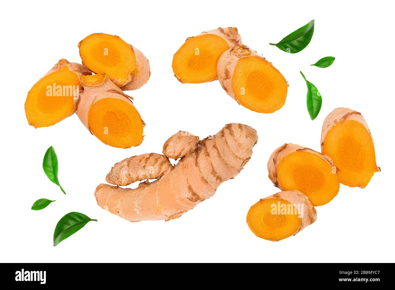 turmeric root slices isolated on white background. Top view. Flat lay ...