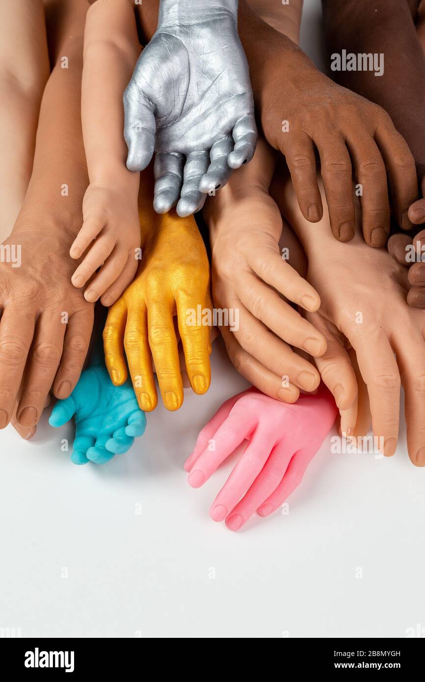 Silicone prosthetic hands of different colors and sizes, medicine briht ...