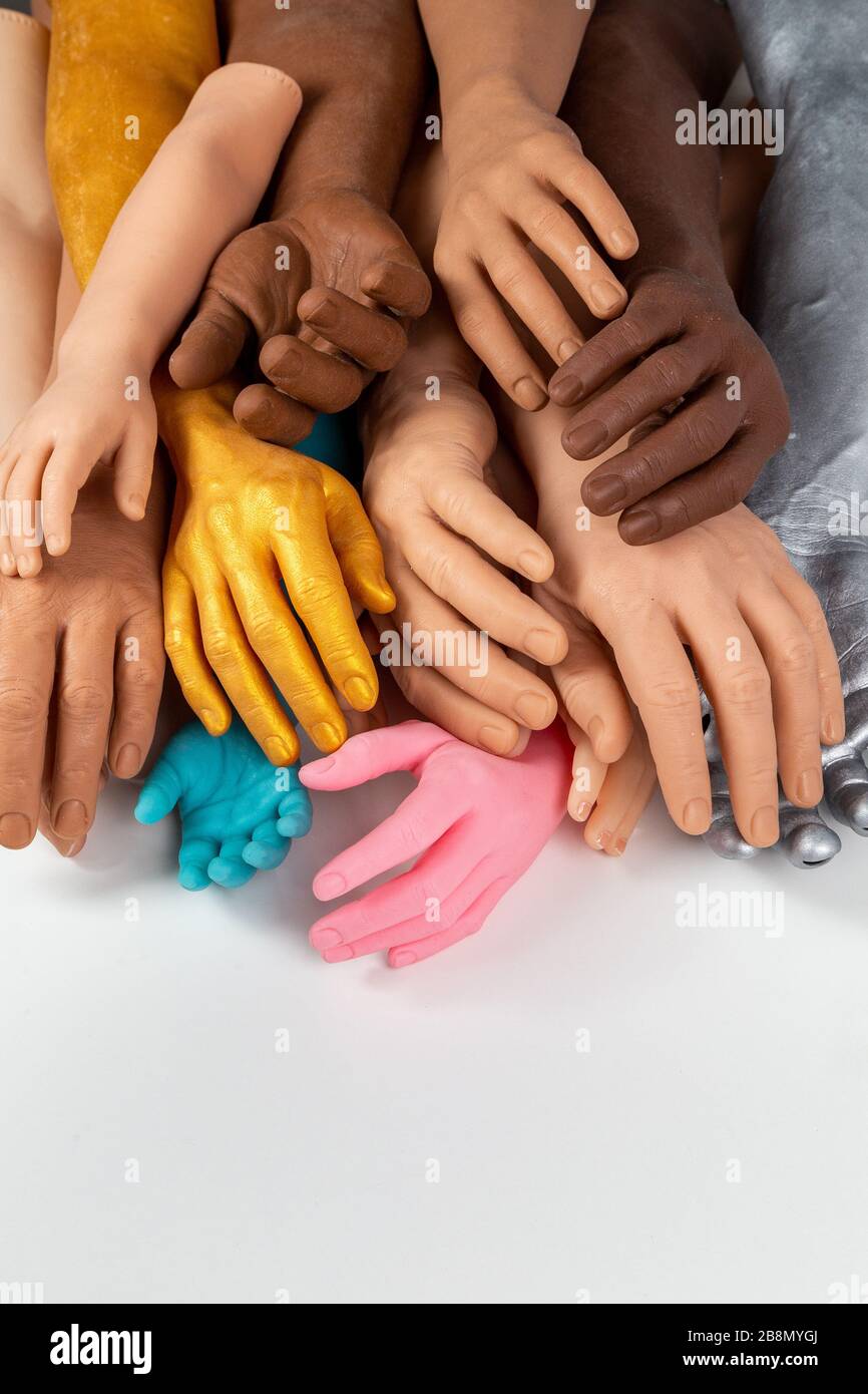Silicone prosthetic hands of different colors and sizes, medicine briht ...