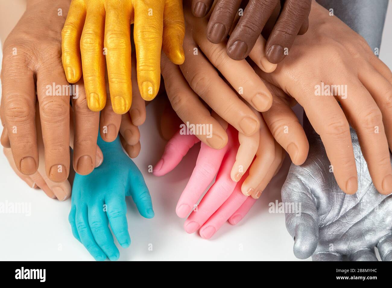 Silicone prosthetic hands of different colors and sizes, medicine briht ...