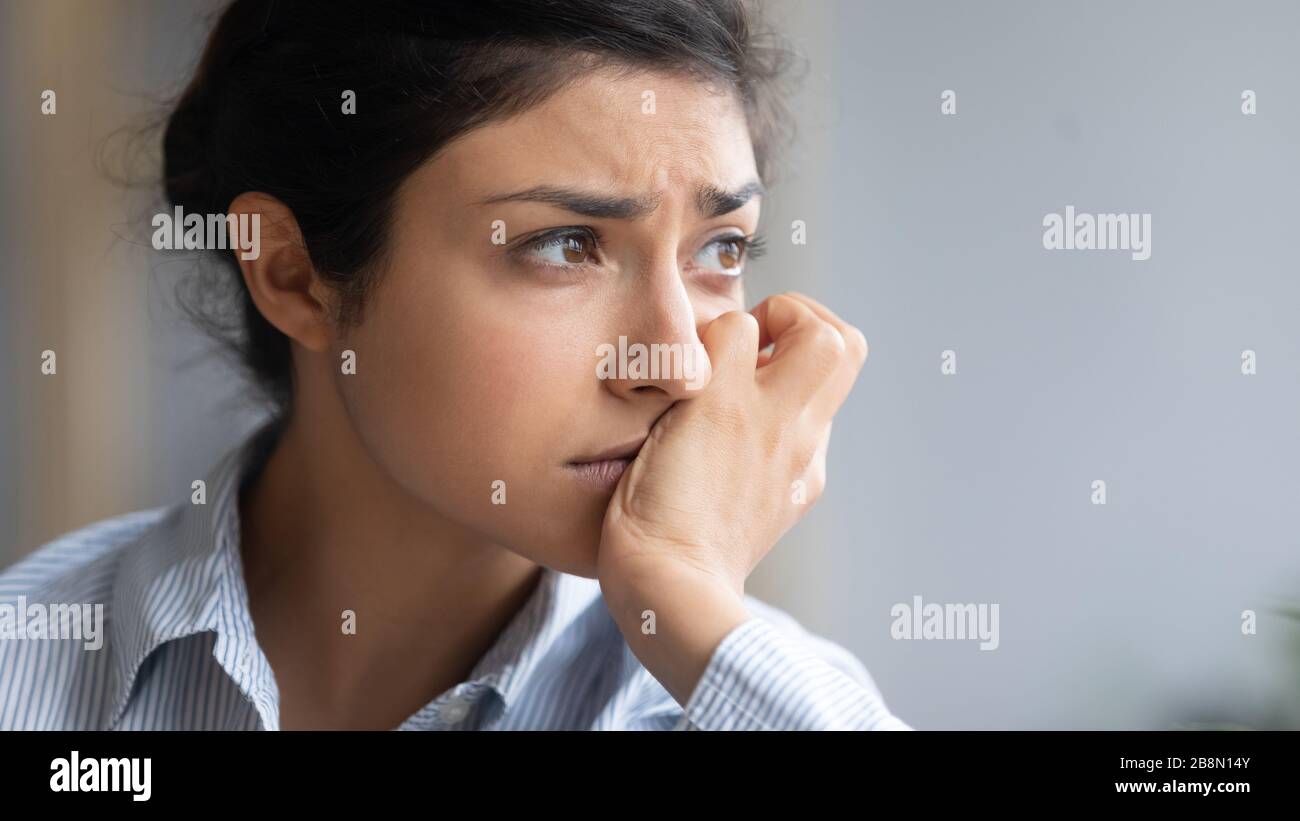 Close up depressed unhappy Indian woman thinking about problems Stock ...
