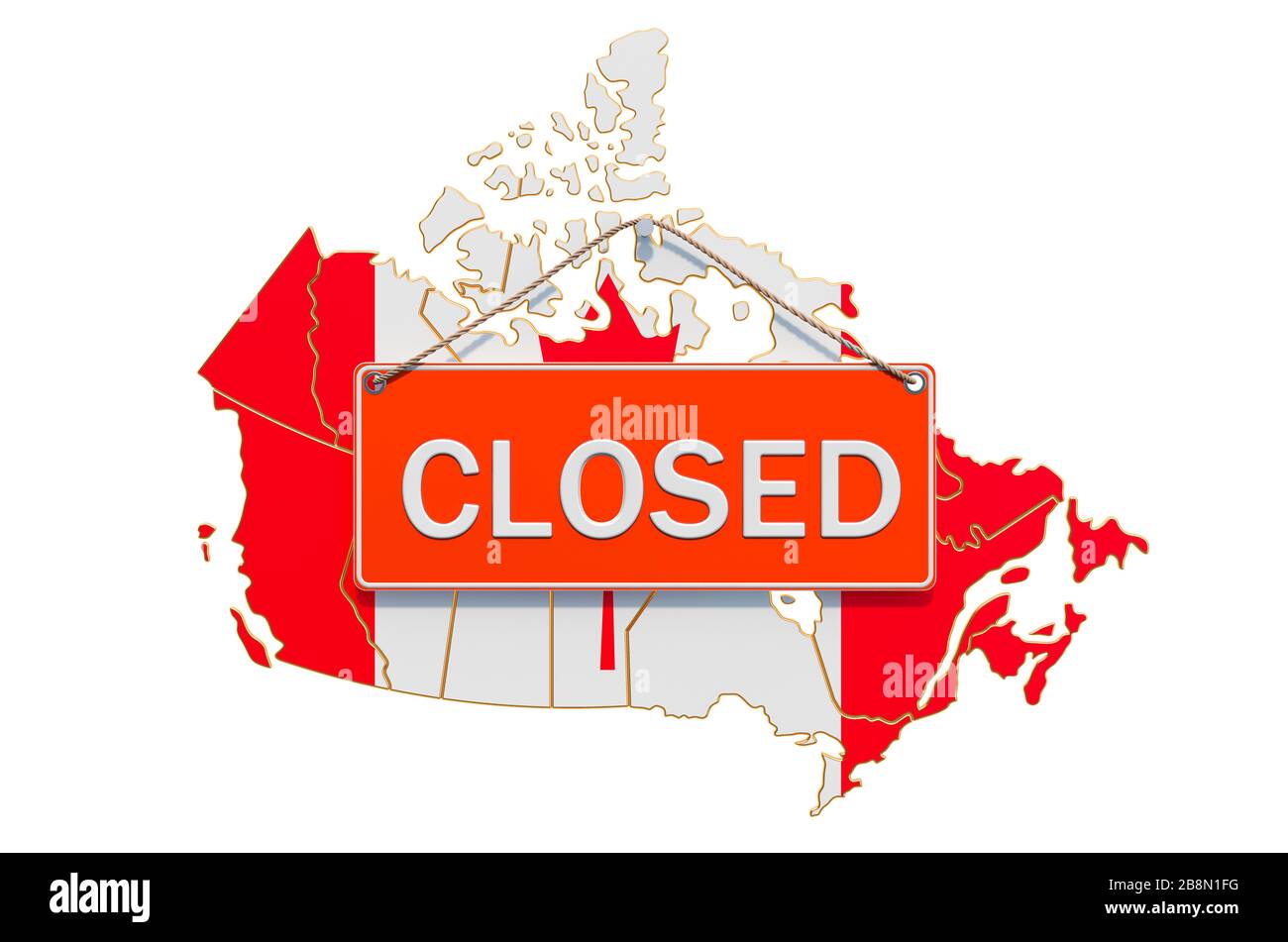 Canadian map with closed hanging sign, quarantine concept. 3D rendering ...