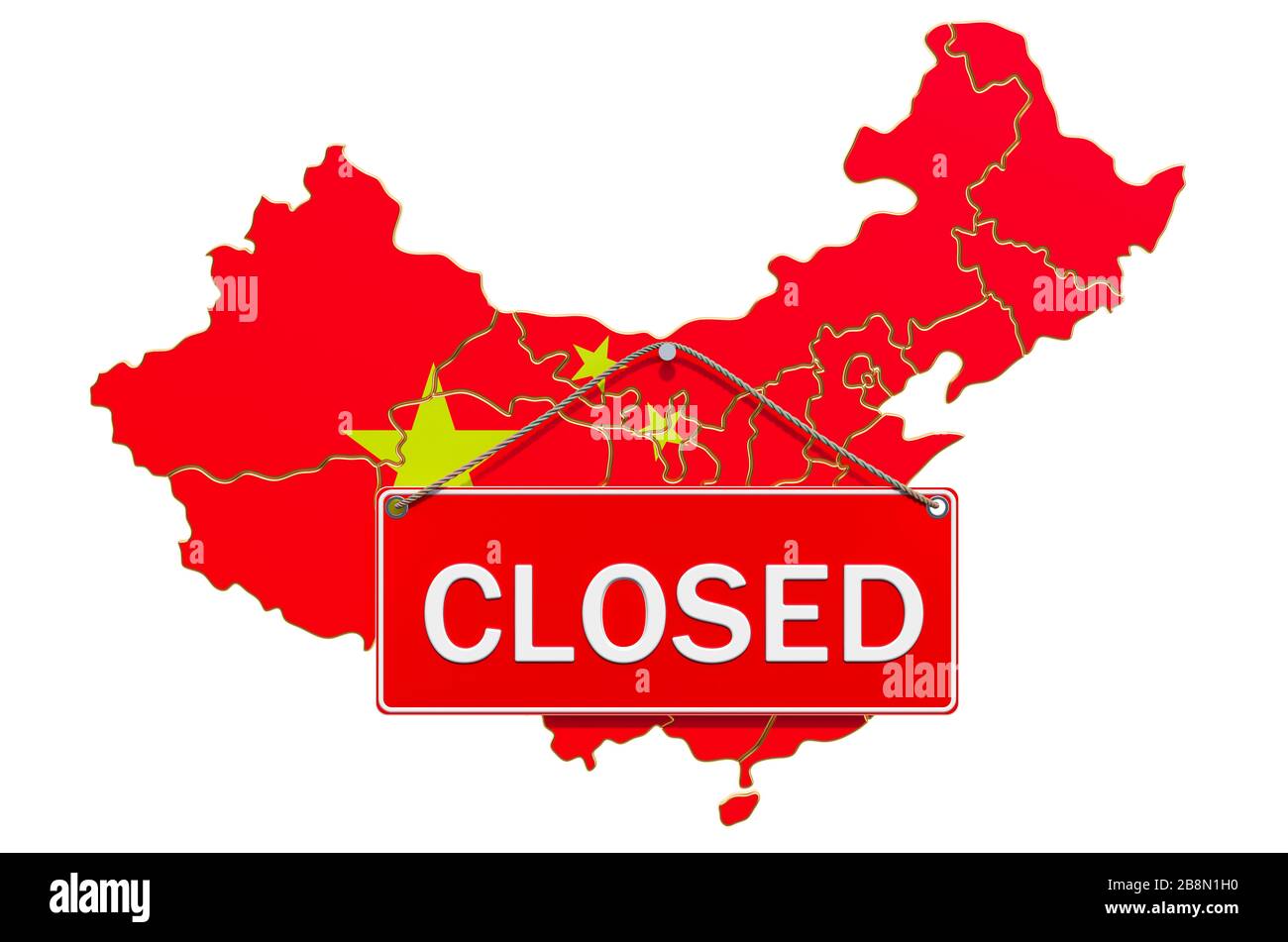 Chinese map with closed hanging sign, quarantine concept. 3D rendering ...