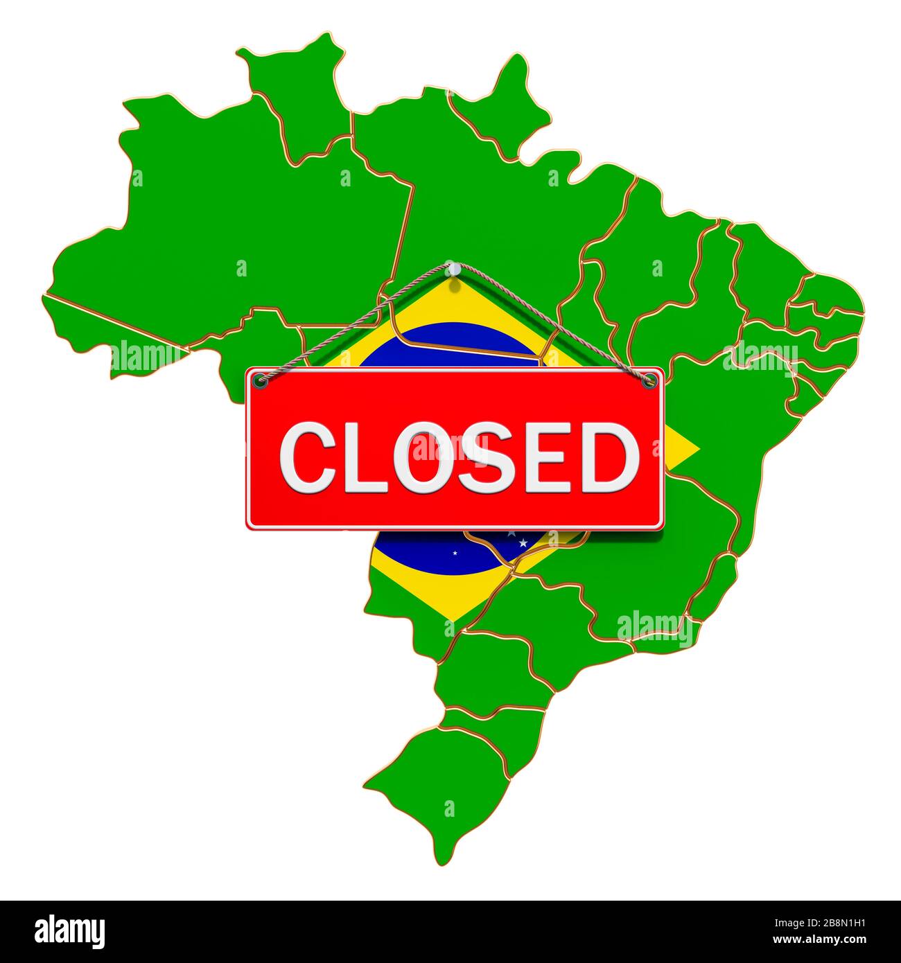 Brazilian map with closed hanging sign, quarantine concept. 3D ...
