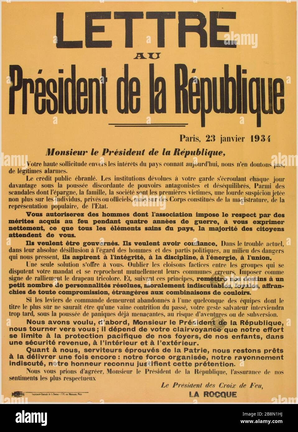 LETTER TO THE President of the Republic, Paris, 23 January 1934 Affiche ...