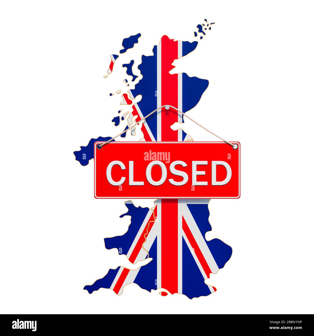 The Great Britain map with closed hanging sign, quarantine concept. 3D ...