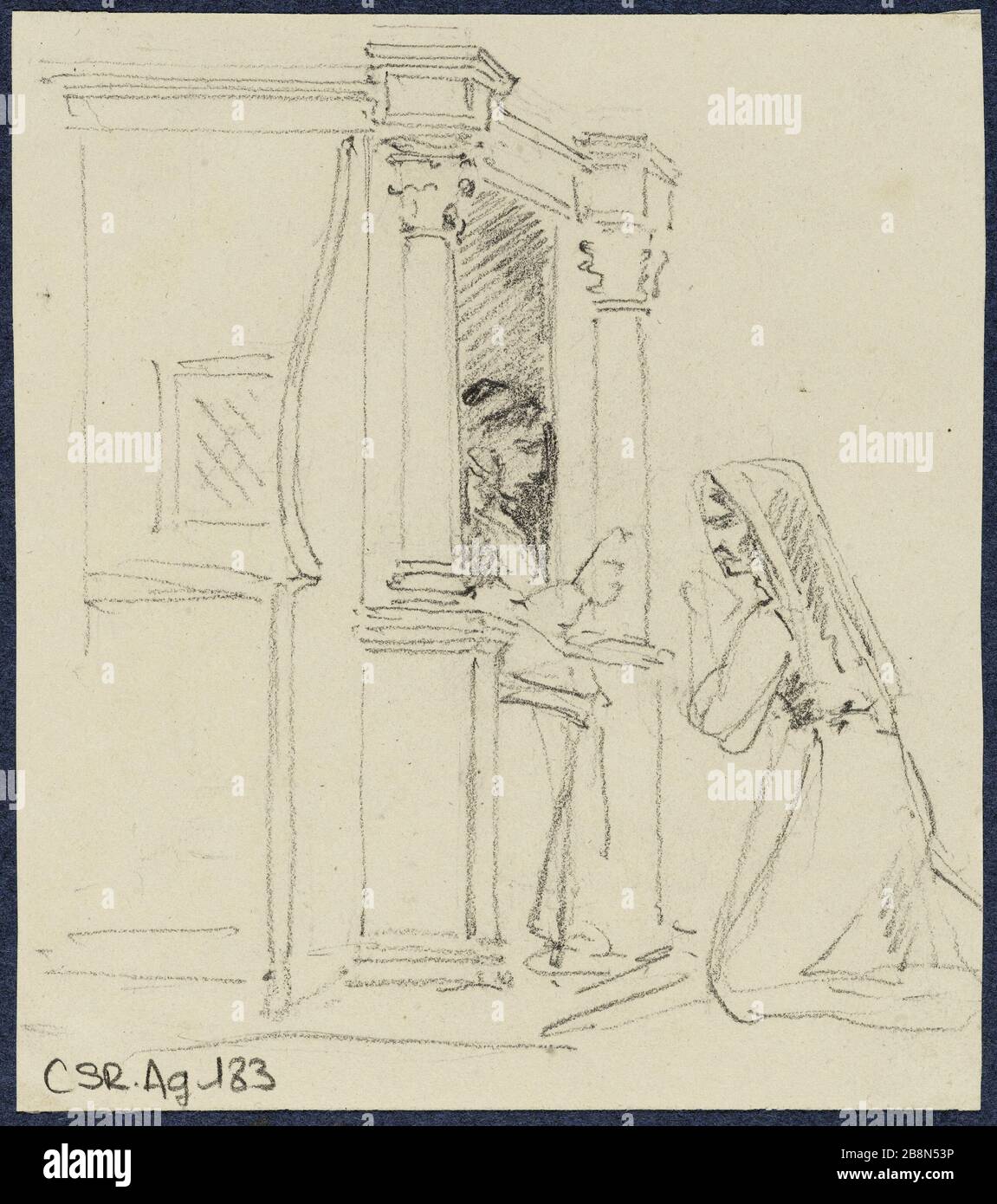 Confession Scene René Marjolin (1812-1895). Scène de confession. Crayon ...