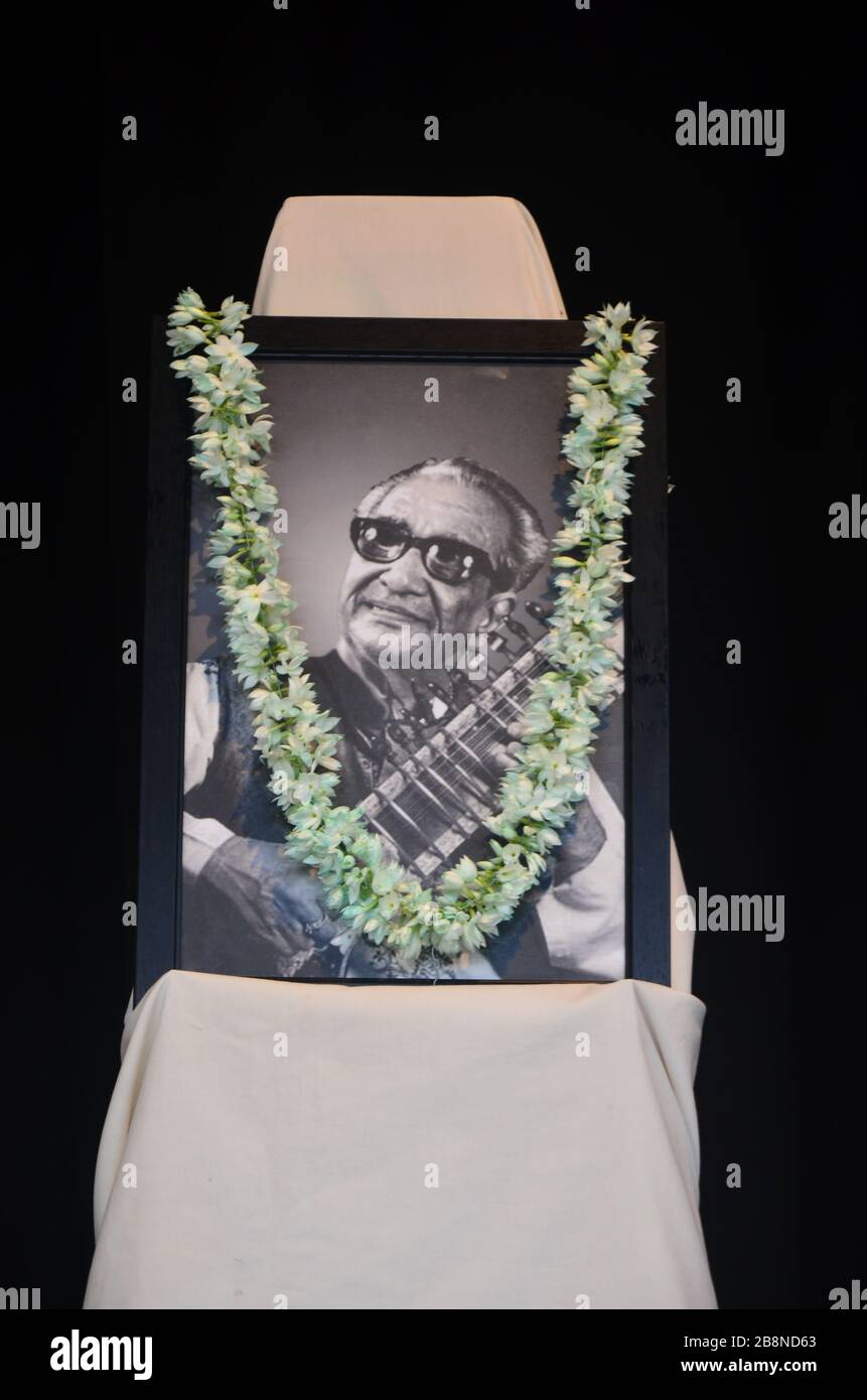 Garlanded framed photo of Ustad Abdul Karim Khan at "Sitar Hi Zindagi ...