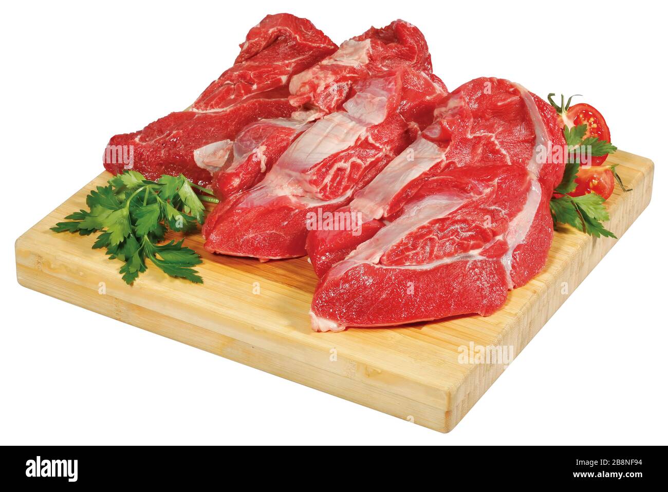 fresh raw red beef meat big steak chunk on wooden cut board isolated ...