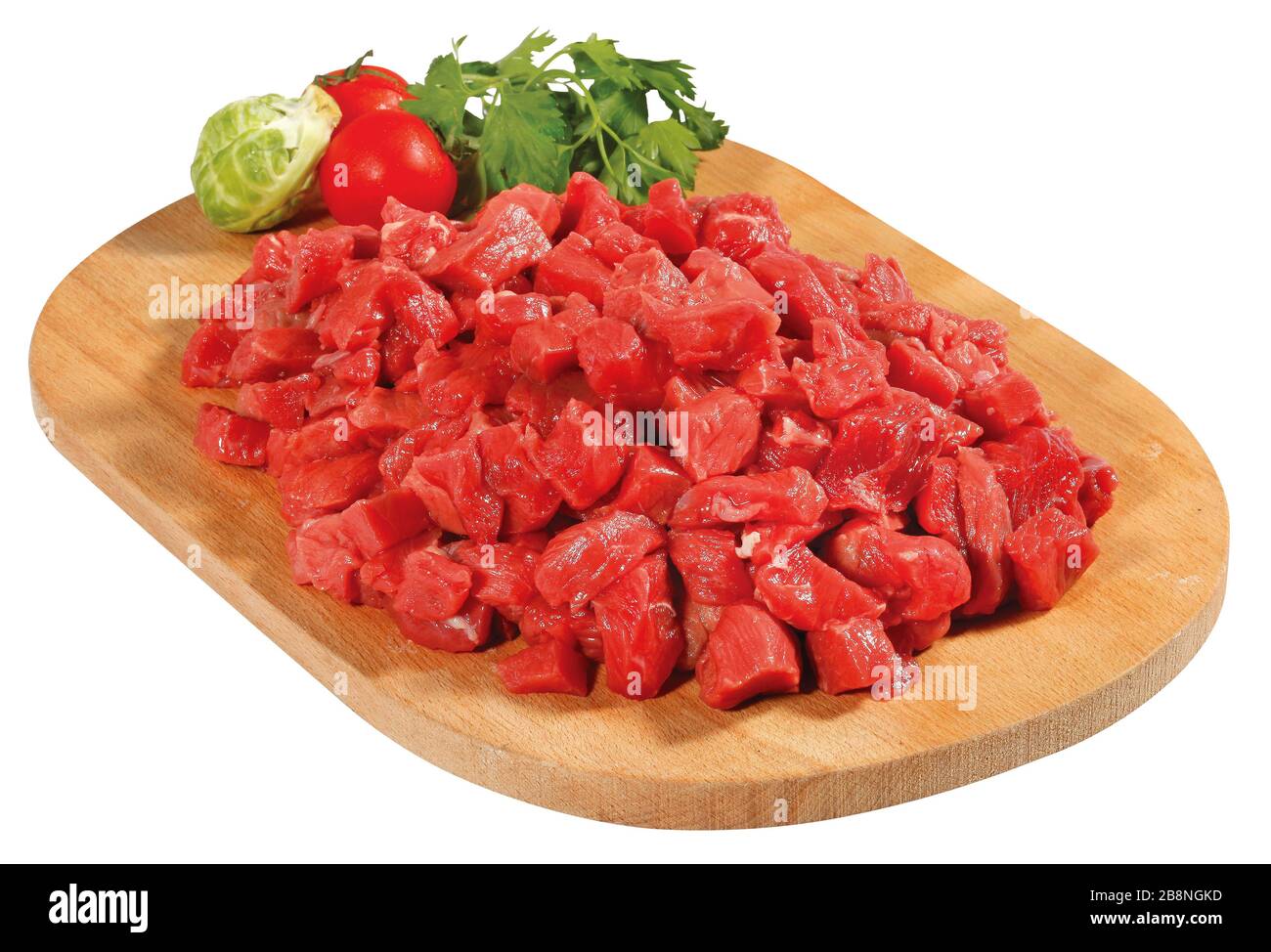 fresh raw red cubed meat chunk on wooden cut board isolated over white ...