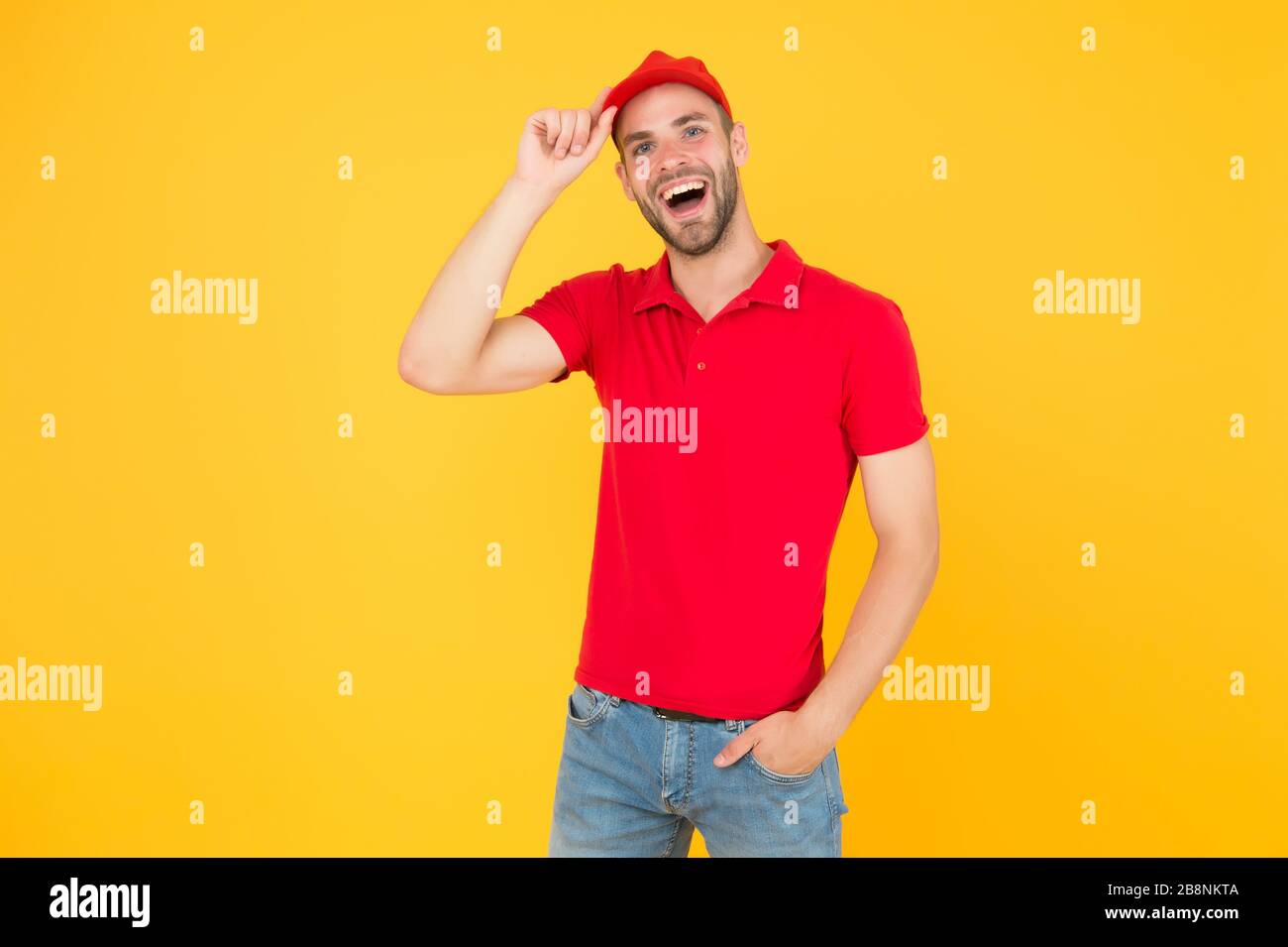 Staff wanted. Supermarket cashier. Man delivery service wear red cap ...