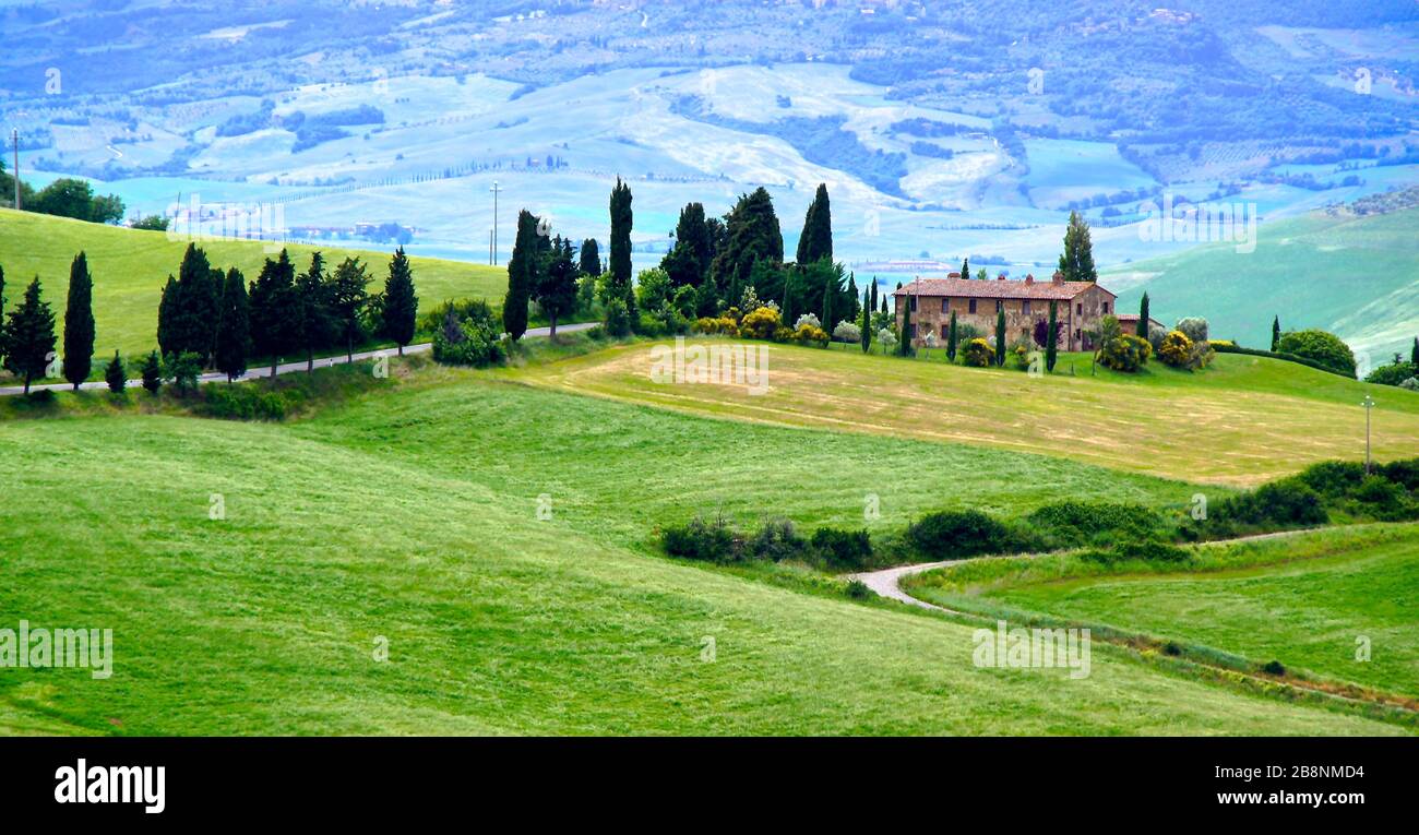 Tuscany Landscape with rolling hills and green pastures Stock Photo - Alamy