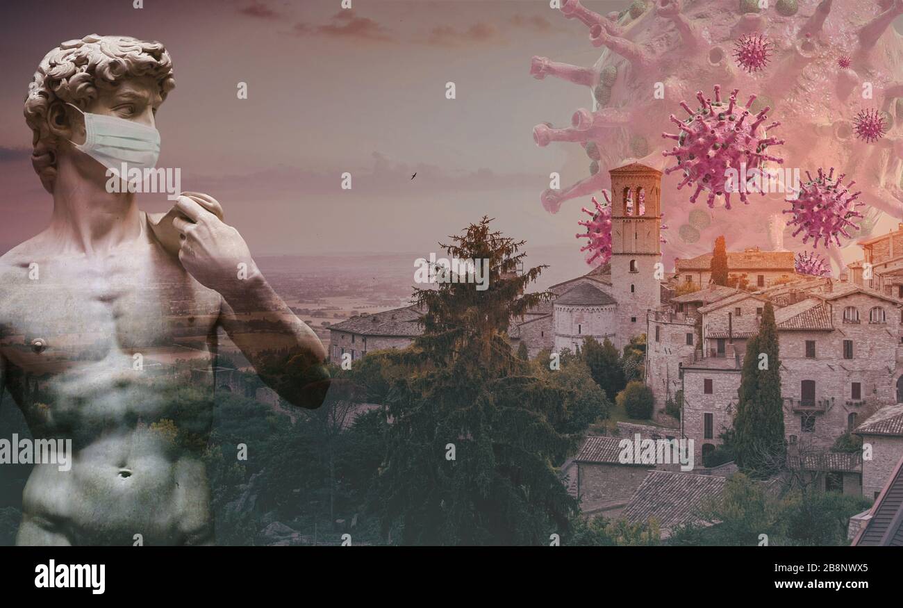 Italian village threatened by the covid-19 coronavirus and the statue ...