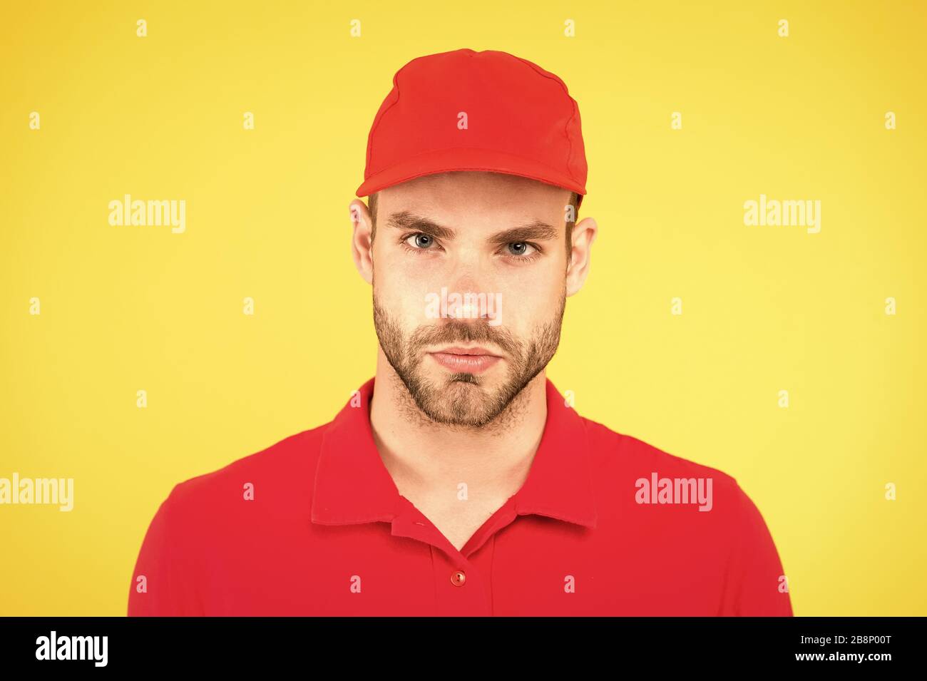 Cashier occupation. Hiring shop worker. Handsome guy cashier uniform ...