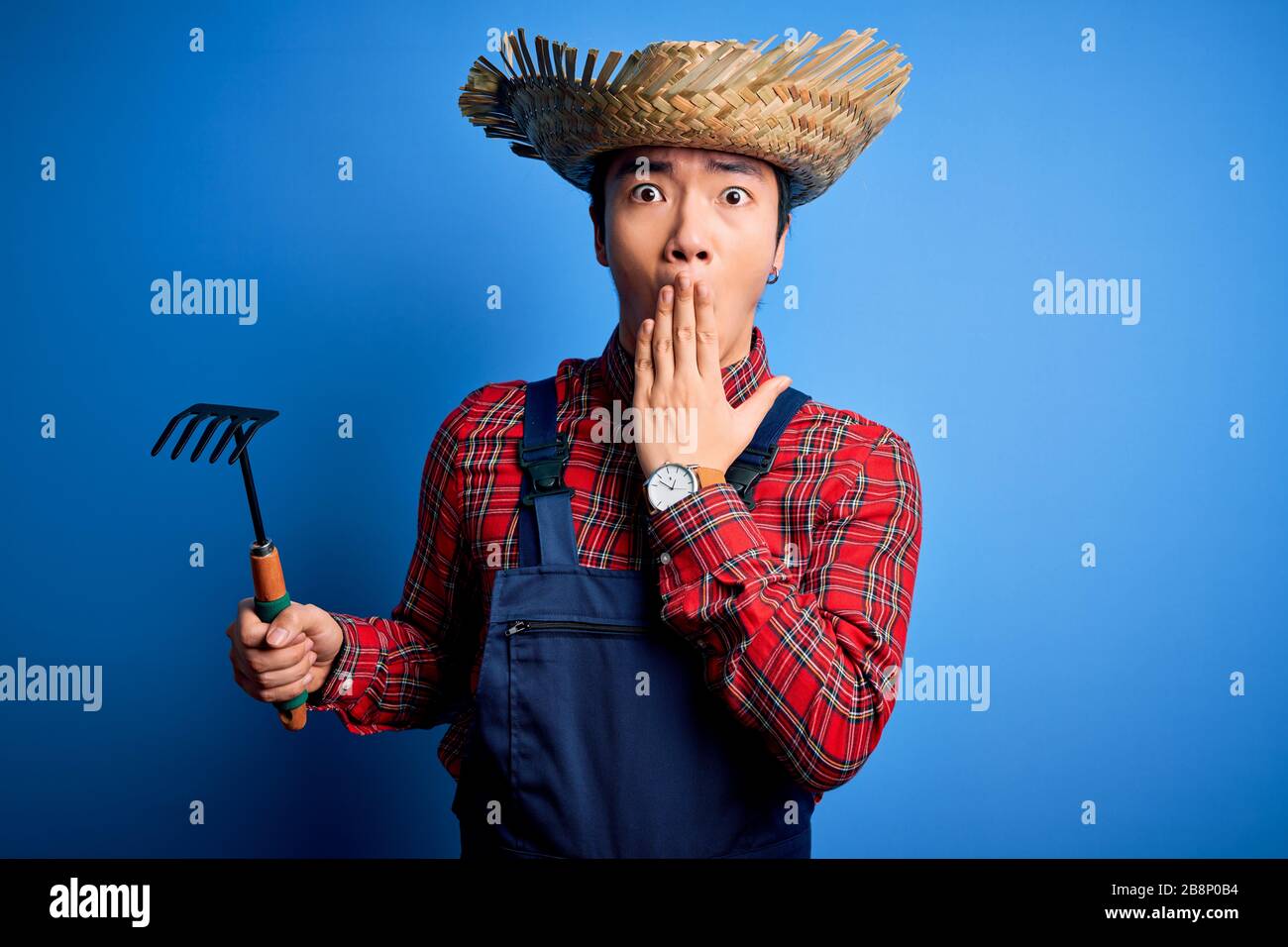 Young handsome chinese farmer man wearing apron and straw hat holding ...