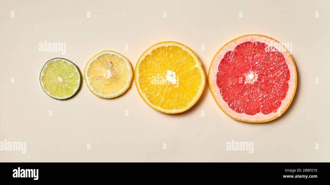 Vitamins Concept. Citrus circle slices in a line isolated on bage Stock ...