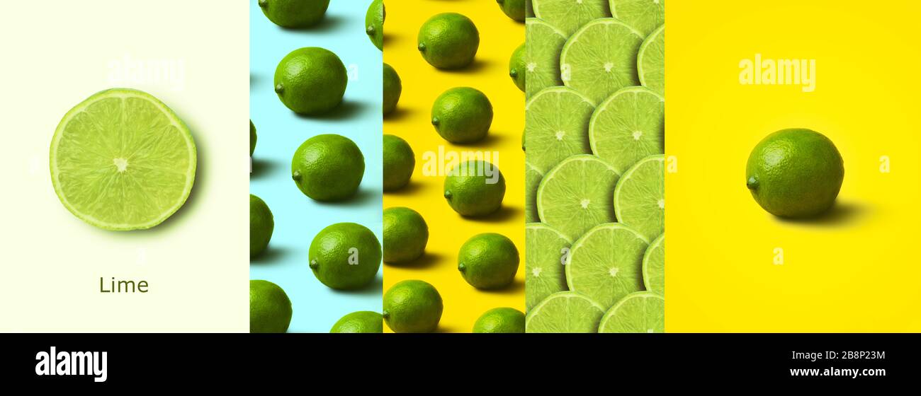 Creative layout made of lime over colorful background, panoramic image ...