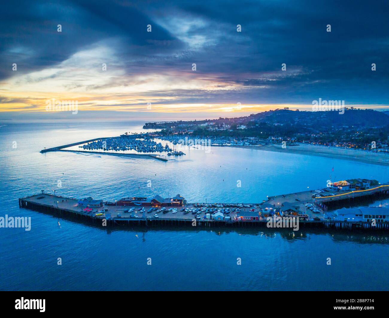 Stearn's Wharf and Santa Barbara Harbor at sunset, Santa Barbara ...