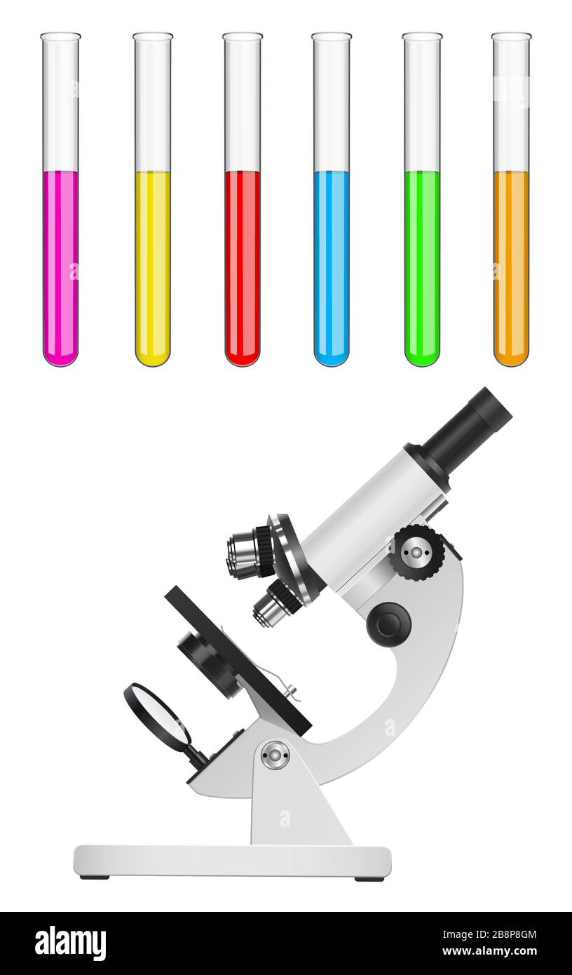Microscope and a set of glass laboratory test tubes with liquids of ...