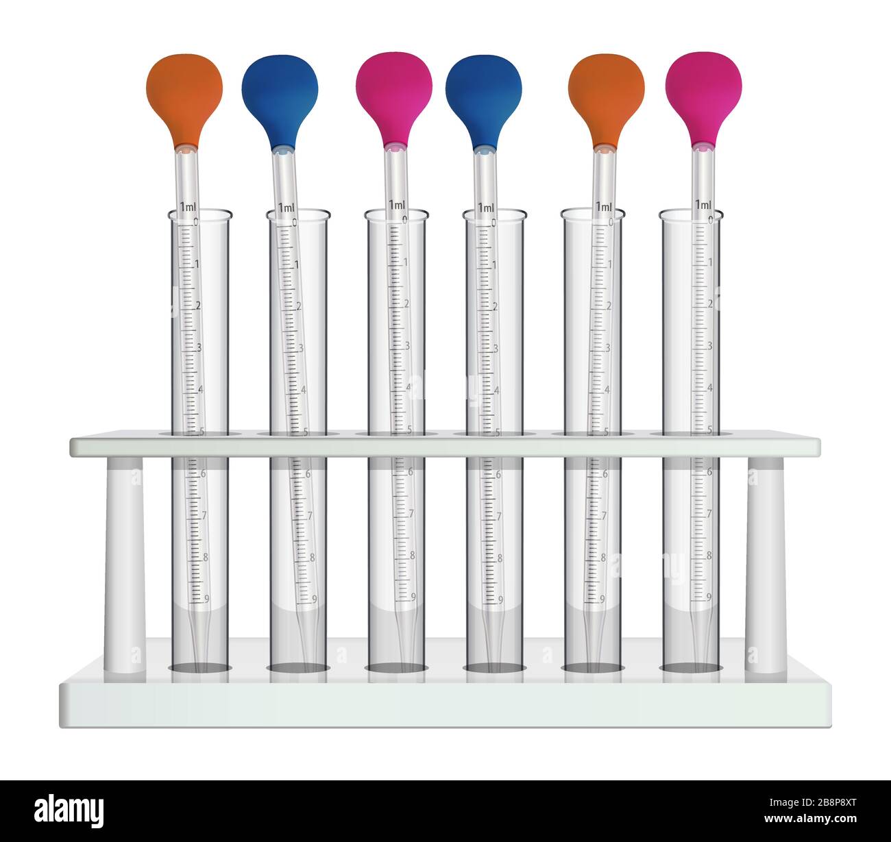 Laboratory rack with glass test tubes and measuring laboratory pipettes ...