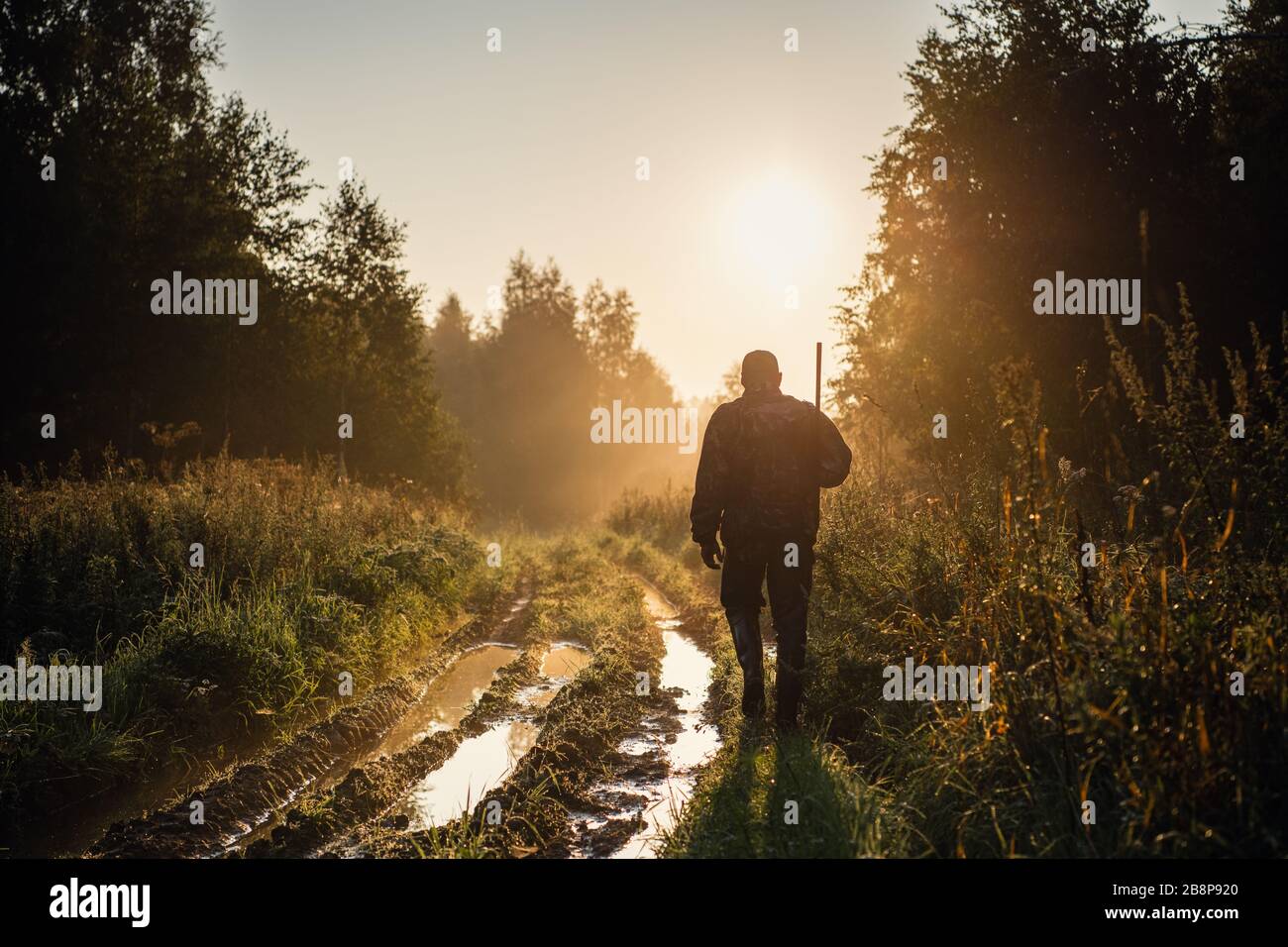 Silhouetted of a hunter with shotgun at beautiful sunset Stock Photo ...