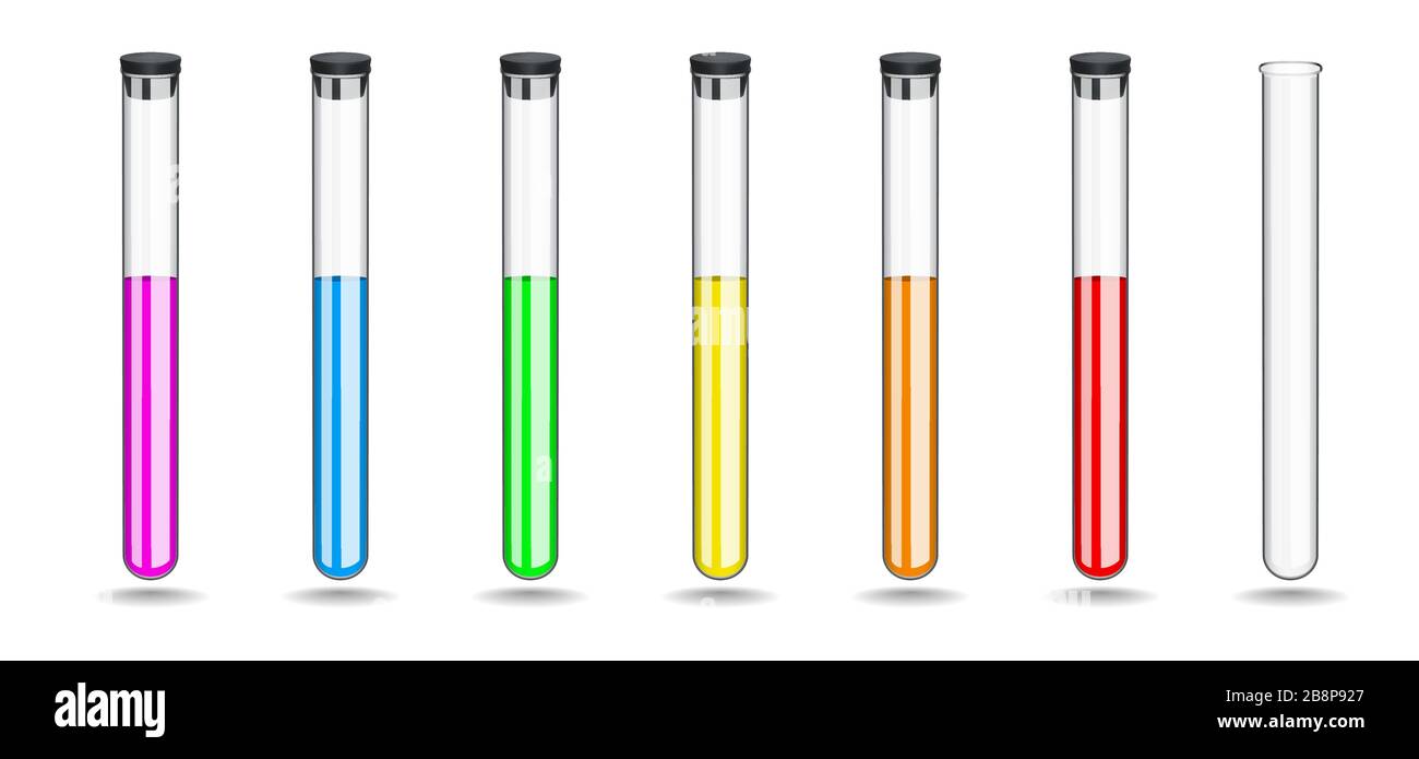 Set glass test tubes with a colored liquids, closing black rubber ...