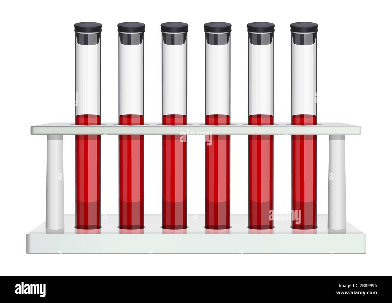 Laboratory test tube with blood or other red liquid in laboratory rack ...
