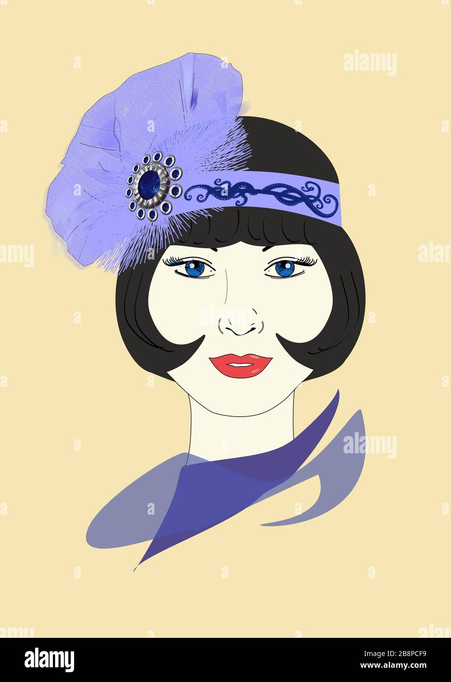A graphic illustration of a 1920s Flapper in an ornate light blue ...