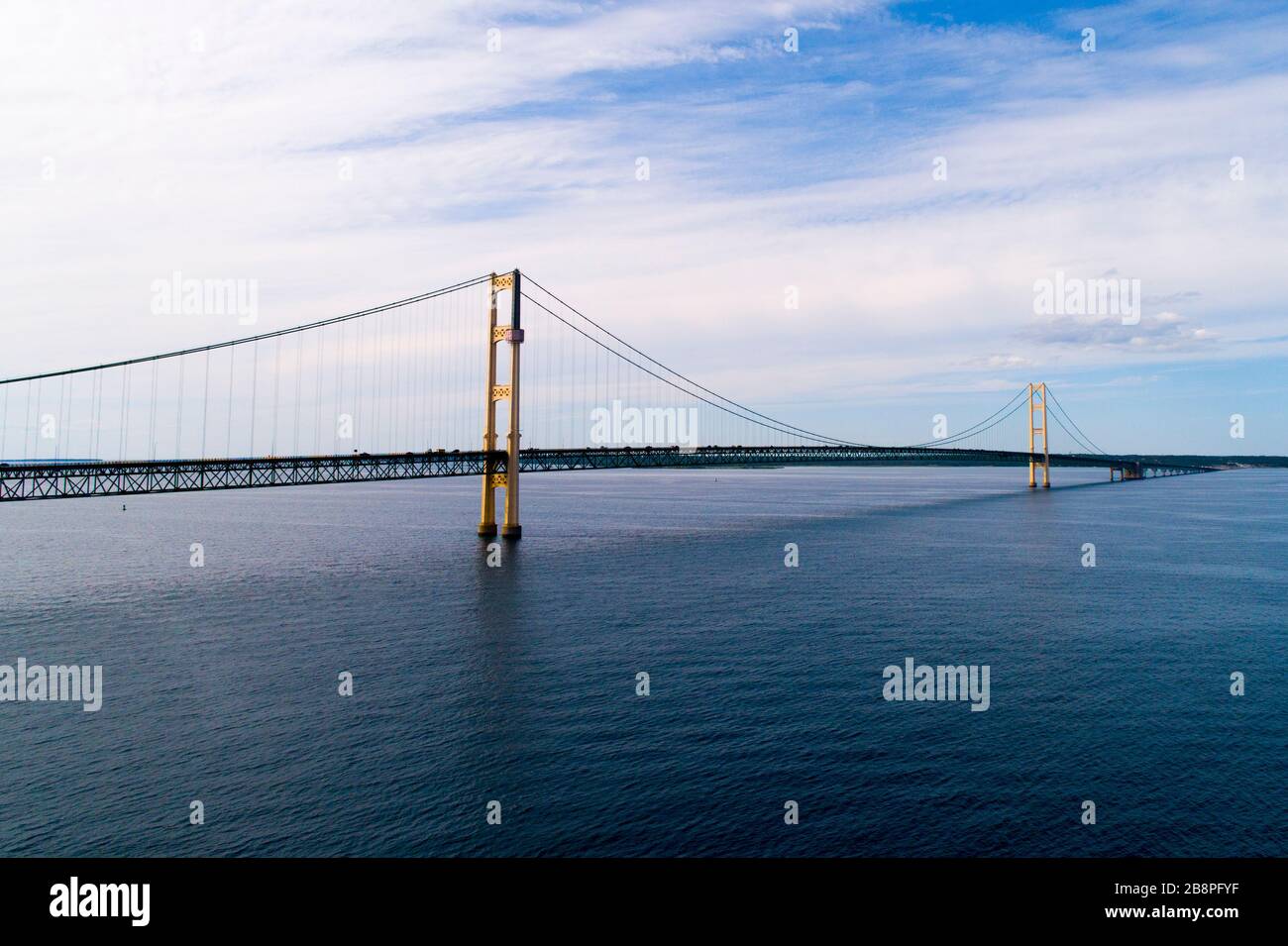 Aerial view The Mackinac Bridge spanning the Straits of Mackinac at ...