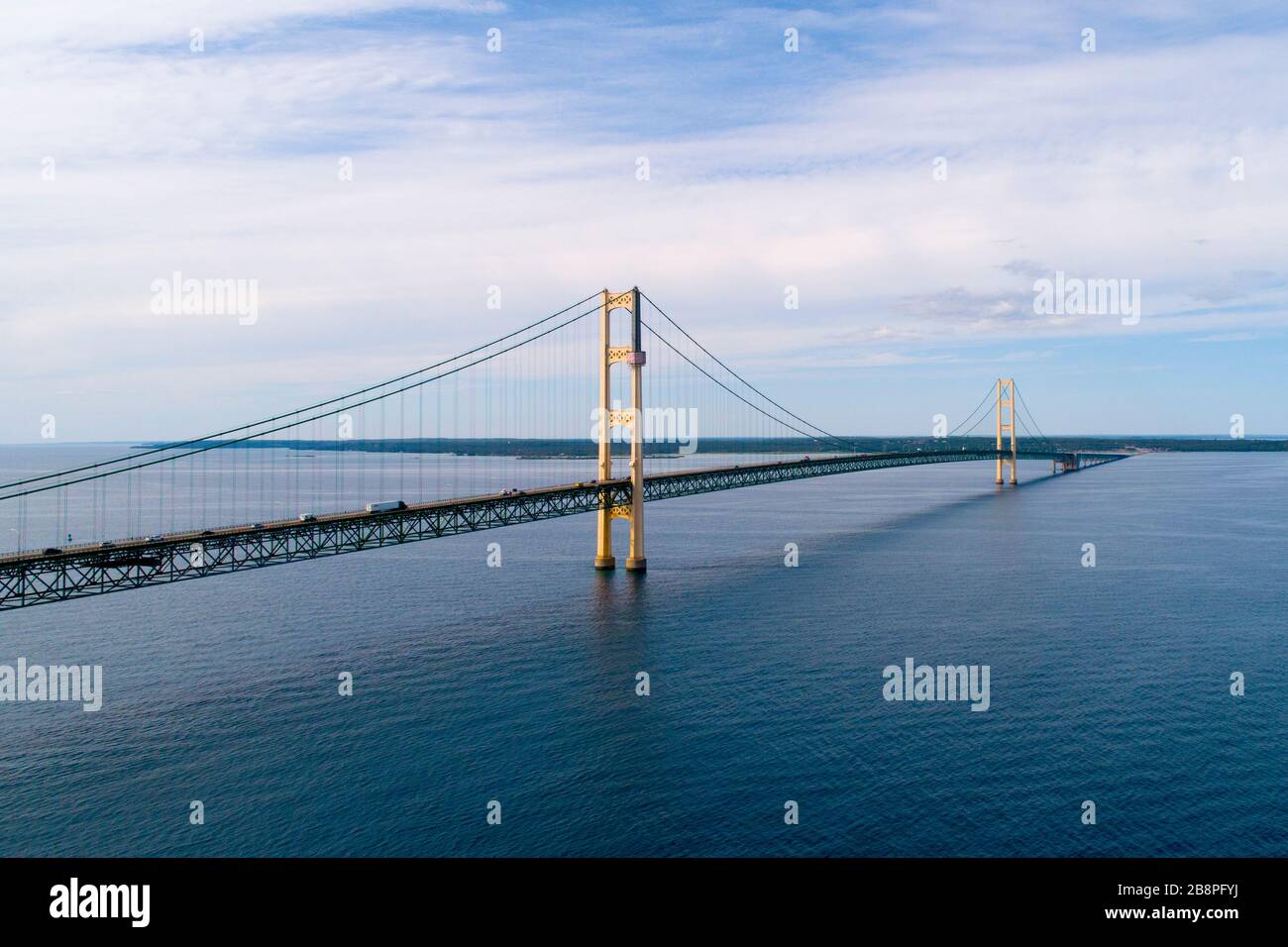 Aerial view The Mackinac Bridge spanning the Straits of Mackinac at ...