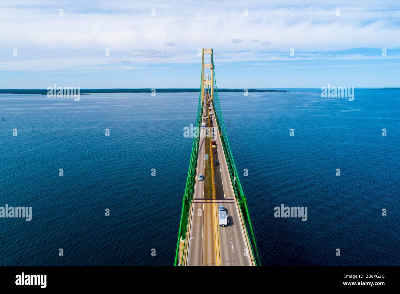 Aerial view The Mackinac Bridge spanning the Straits of Mackinac at ...