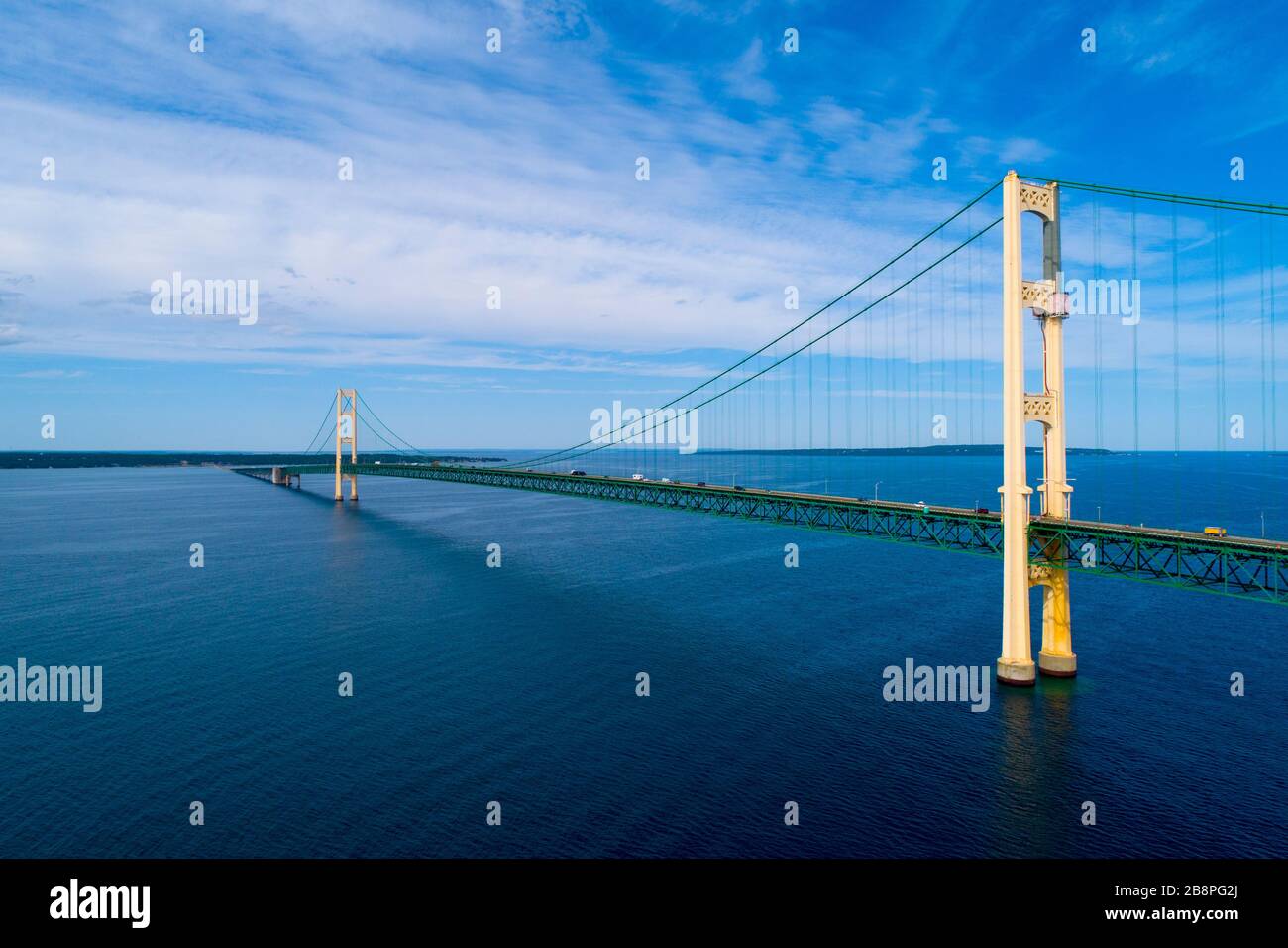 Aerial view The Mackinac Bridge spanning the Straits of Mackinac at ...