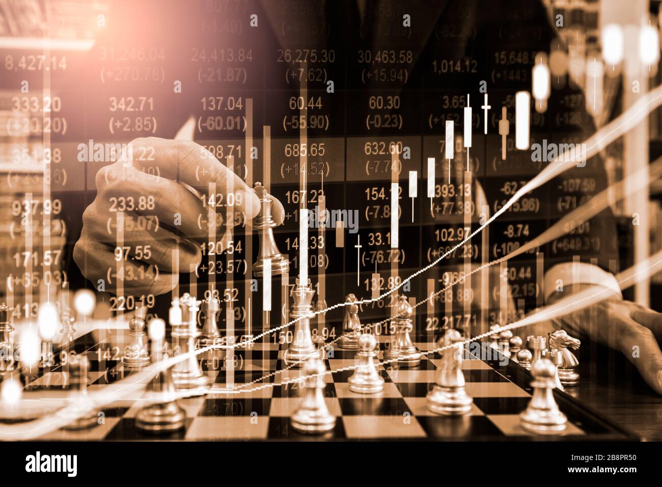 Chess game on chess board on stock market or forex trading graph chart ...