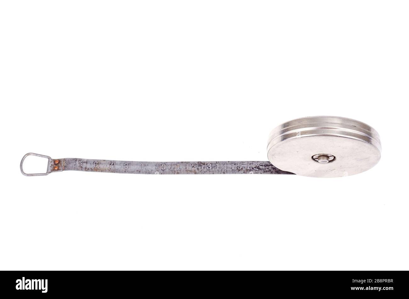 Old scratched metal tape measure, measuring on white. Studio Photo ...